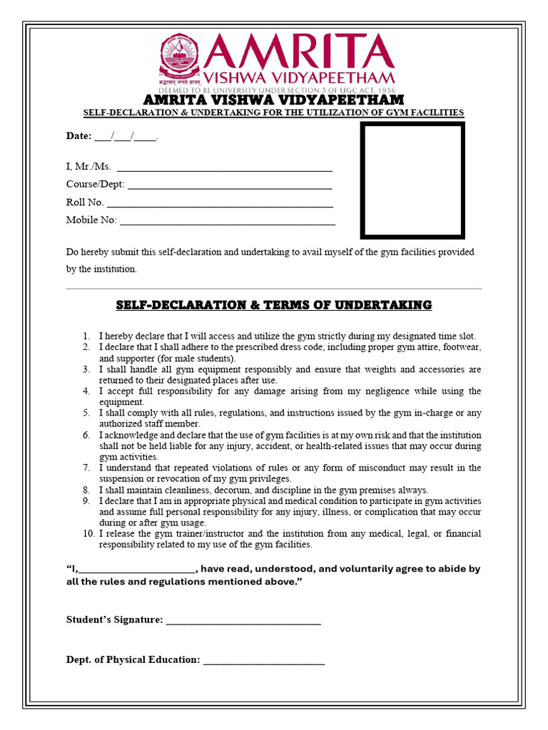 Students Undertaking Form Gym | PDF