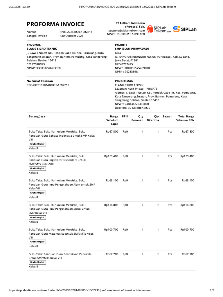 Proforma Invoice Buku SMP Kelas VIII-IX | PDF