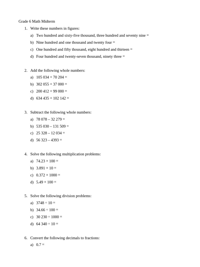 Grade 6 Math Midterm | PDF