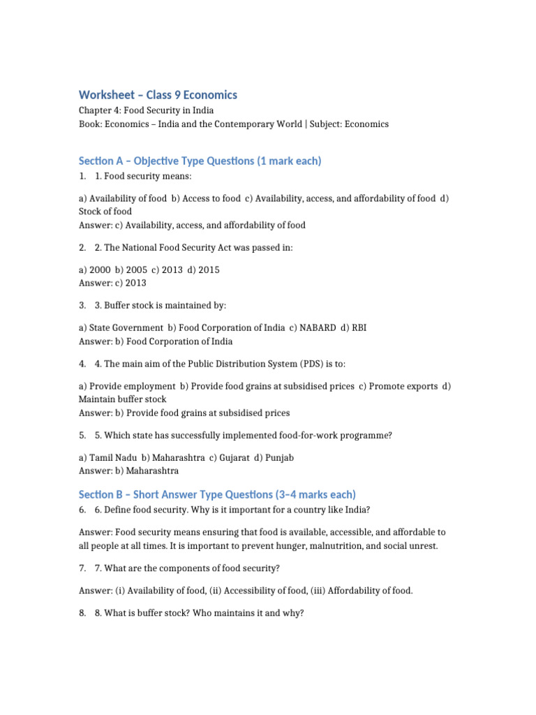 Food Security in India: Class 9 Worksheet | PDF | Food Security ...