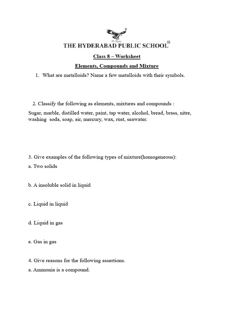 Elements Compounds and Mixture Worksheet 1 | PDF