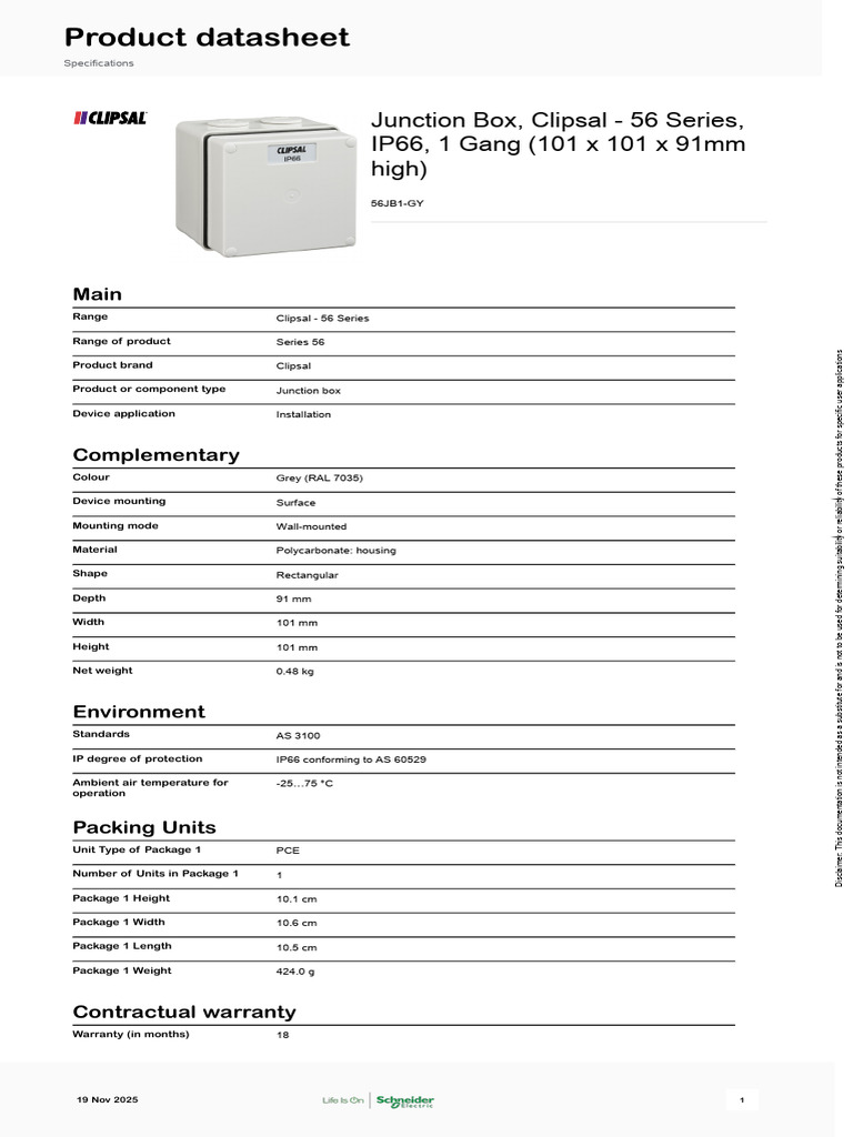 Junction Box, Clipsal - 56 Series, IP66, 1 Gang (101 x 101 x 91mm high ...