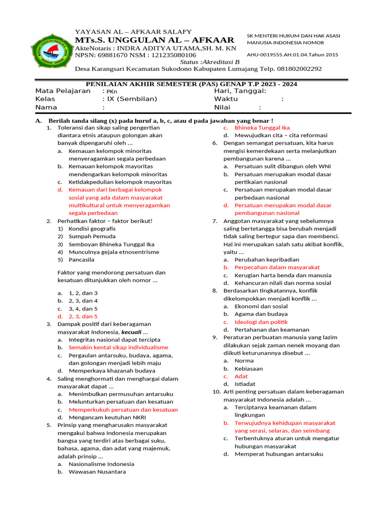 Soal PAS PKN 9 | PDF