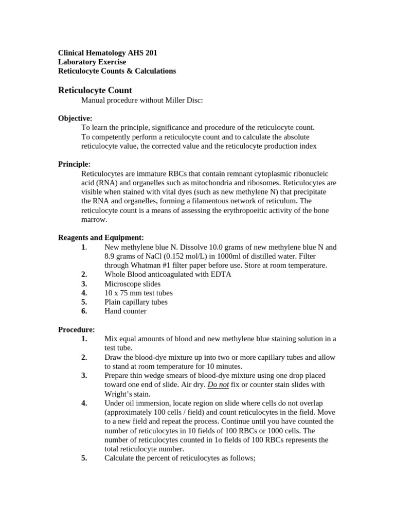 Reticulocyte Count Lab Procedure Guide | PDF | Red Blood Cell | Blood