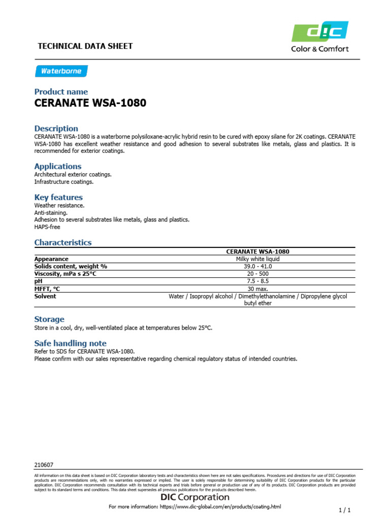 CERANATE WSA-1080 Technical Data Sheet | PDF | Epoxy | Materials Science