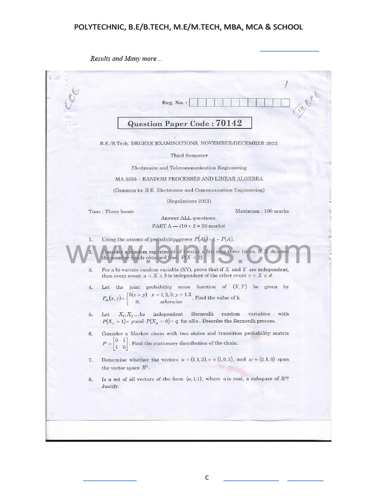 MA 3355 Random Processes and Linear Algebra Old Question Paper | PDF