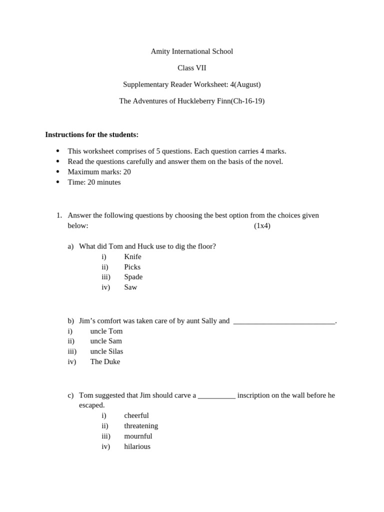 Huck Worksheet 4 | PDF | Huckleberry Finn | Adventures Of Huckleberry Finn