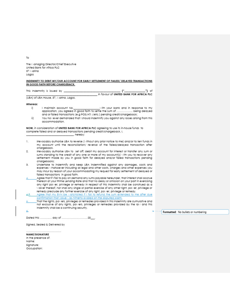 Indemnity for Early Settlement with UBA | PDF | Indemnity | Debit Card