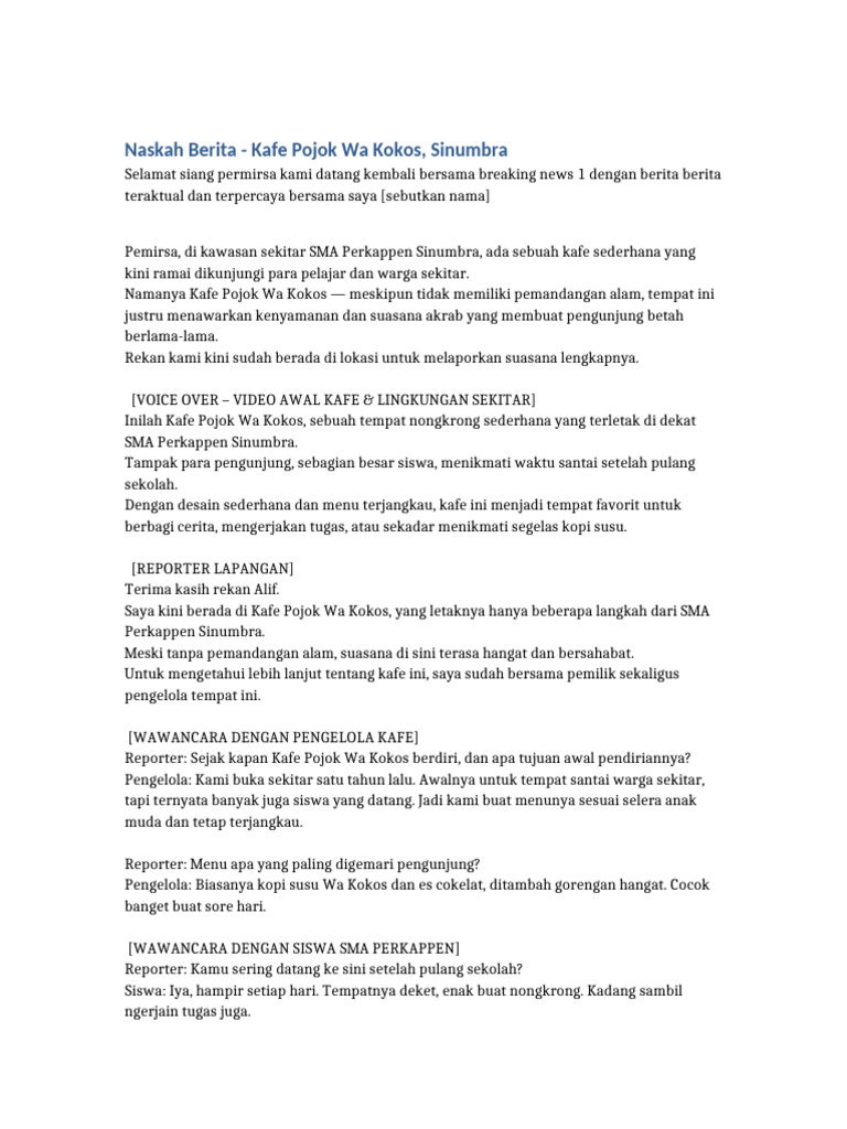 Naskah Berita Kafe Pojok Wa Kokos Sinumbra | PDF