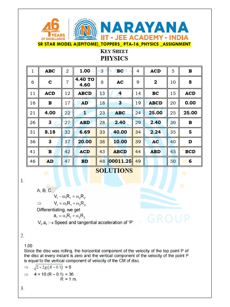 SR Star Co SC - Model A (Epitome) - Toppers - Pta-16 - Physics - SPL Assignment - Key&sol ...