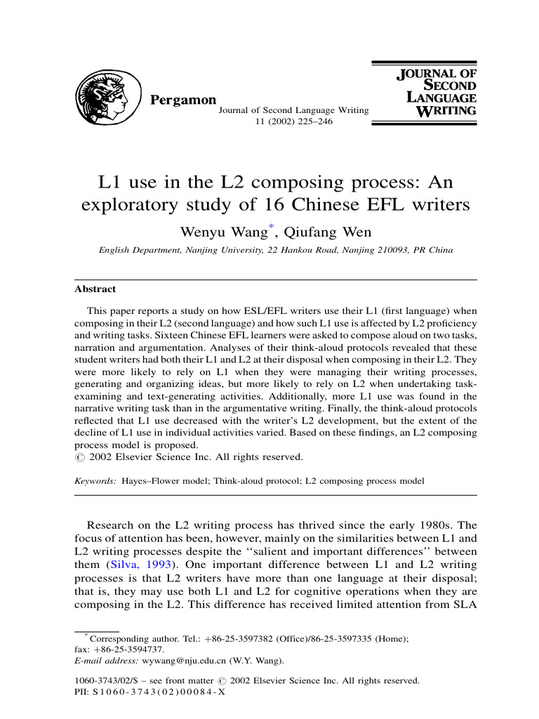 1 Wang&Wen 2002 L1use in L2 Writing Process JSLW | PDF | Second ...