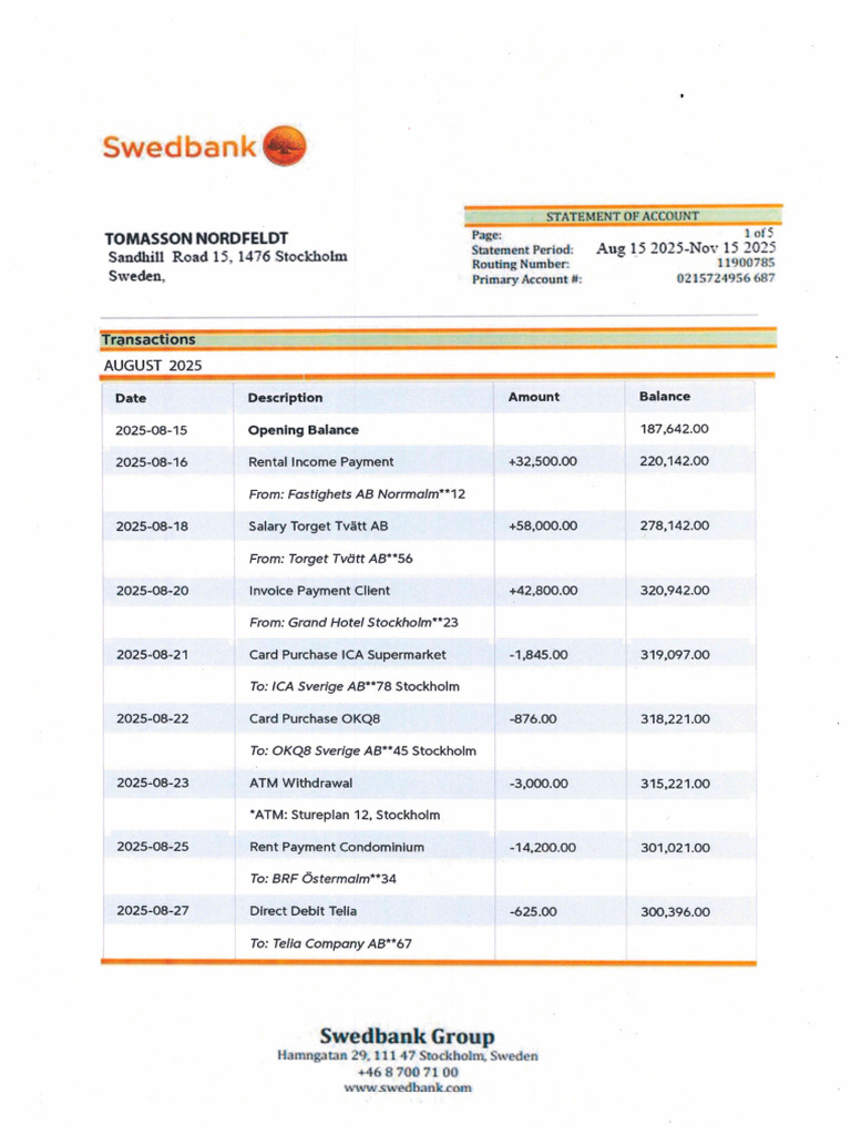 Bank Statement Tomasson | PDF