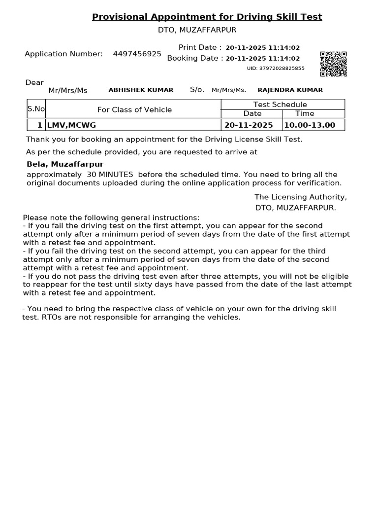 Provisional Appointment For Driving Skill Test: 1 LMV, MCWG 20-11-2025 ...