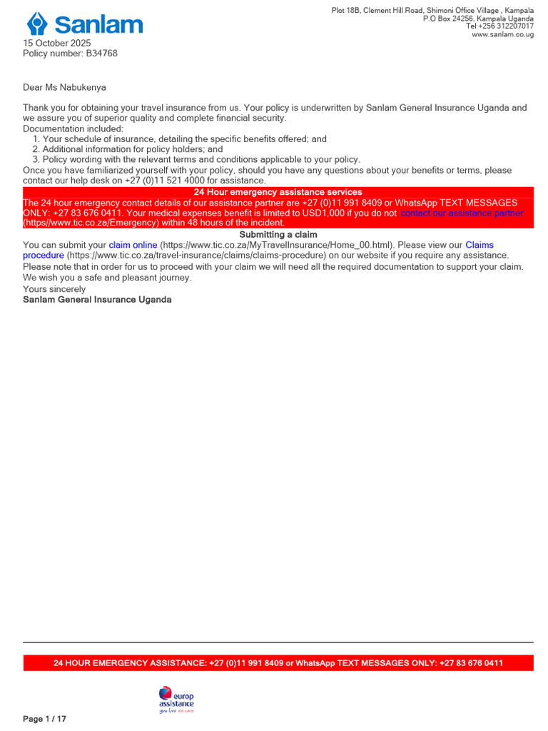 Travel Insurance Policy Details for Ms. Nabukenya | PDF | Insurance ...