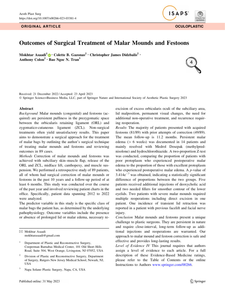 ISAPS Outcomes Surgical Treatment Malar Mounds Festoons | PDF | Medical ...
