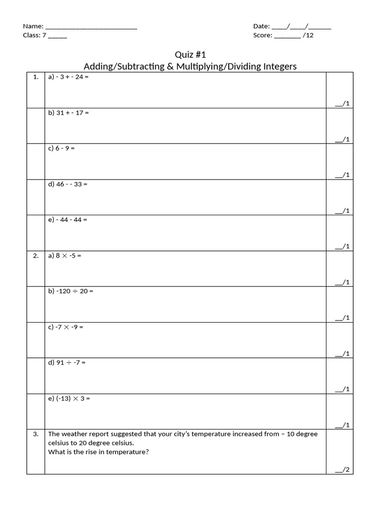 Integer Operations Quiz for Grade 7 | PDF