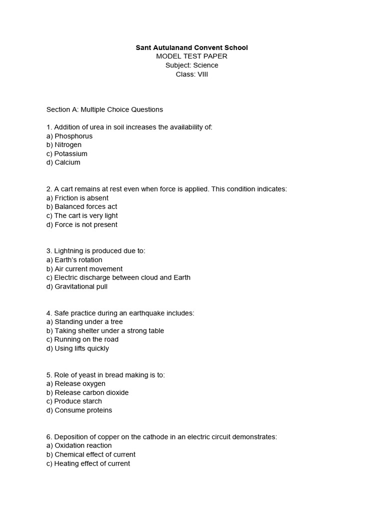 Class VIII Science Model Test Paper | PDF | Soil | Lightning