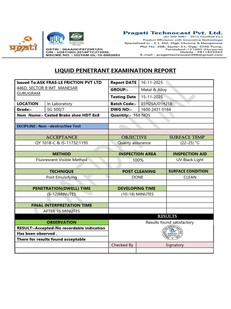 Liquid Penetrant Examination Report: DICIPLINE:-Non - Destructive Test ...