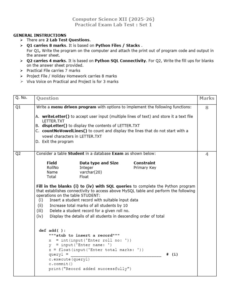Computer Science XII Practical Exam Guide | PDF | Sql | Databases