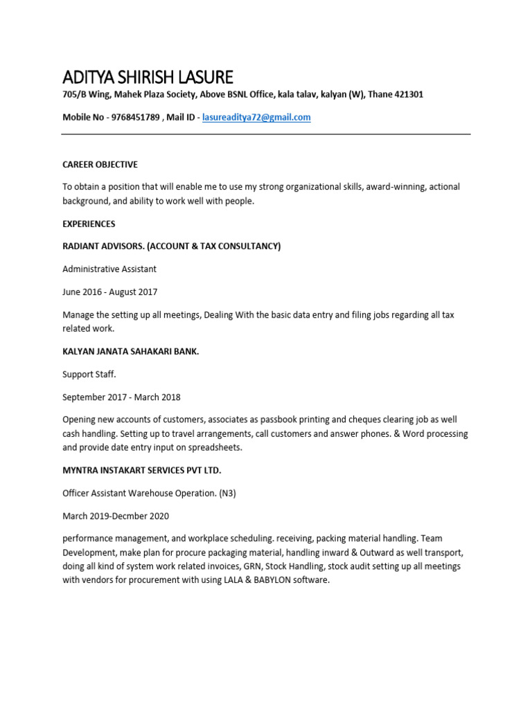 GD Aditya Lasure CV | PDF | Computing