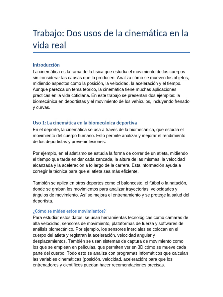 Trabajo Cinematica Biomecanica Vehiculos | PDF | Cinemática | Aceleración