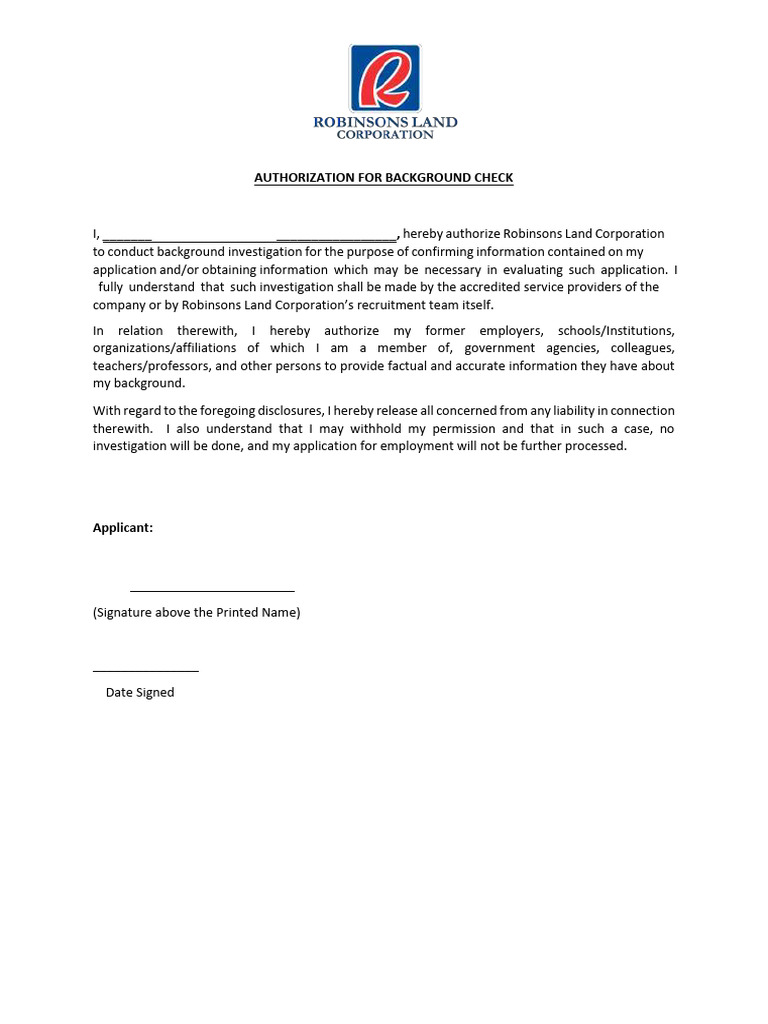 Authorization Form For Background Check | PDF