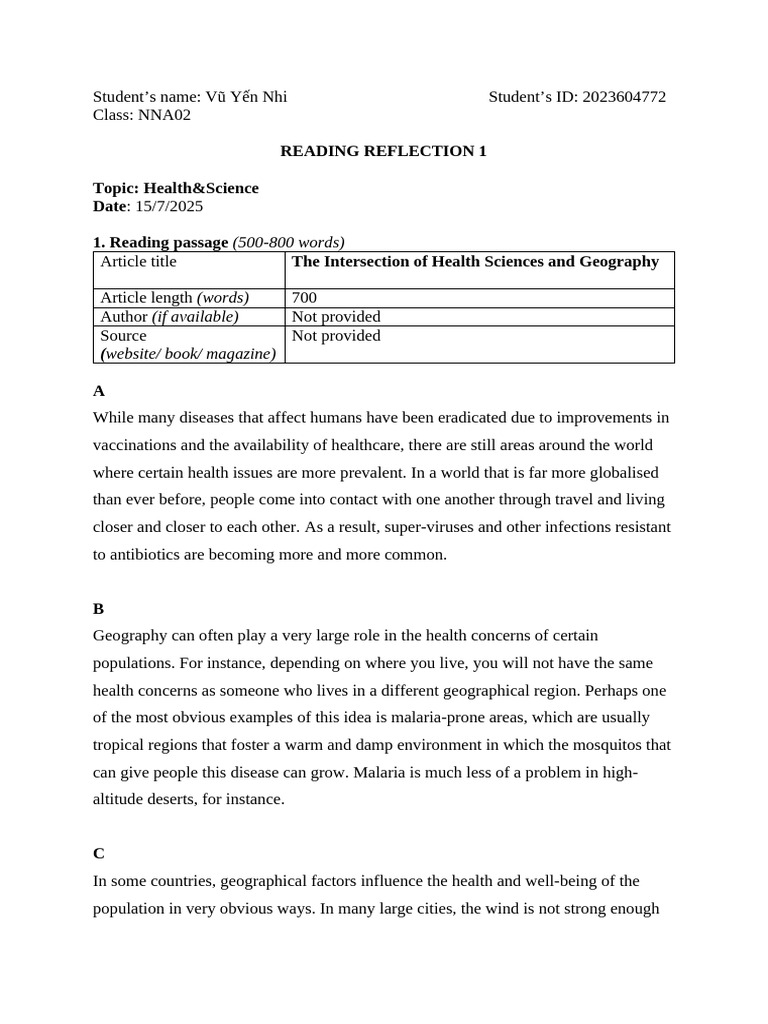 408d0161143t5822l0-reading-reflection-t | PDF | Geography | Health Care