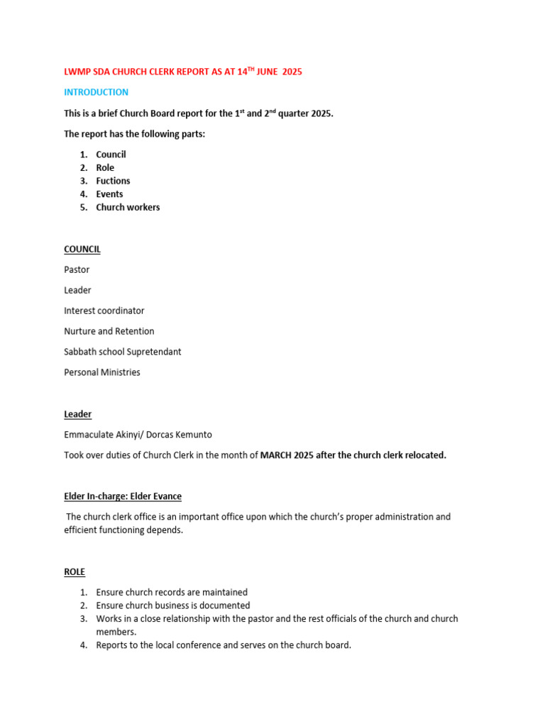 Church Clerk Report 2025 | PDF | Seventh Day Adventist Church ...