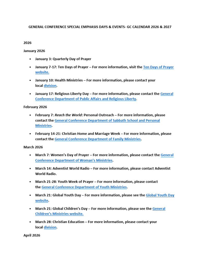 General Conference Calendar 2026 & 2027 | PDF | Seventh Day Adventist ...