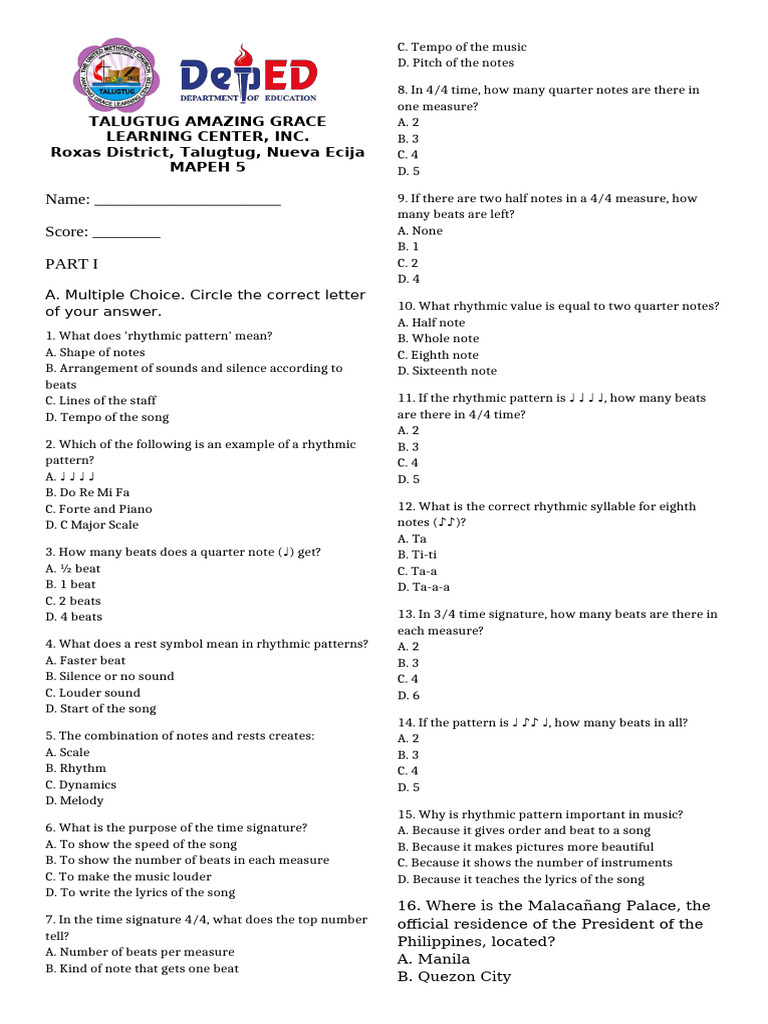 Grade5 Music Lesson3 RhythmicPattern Exam | PDF | Rhythm | Elements Of ...