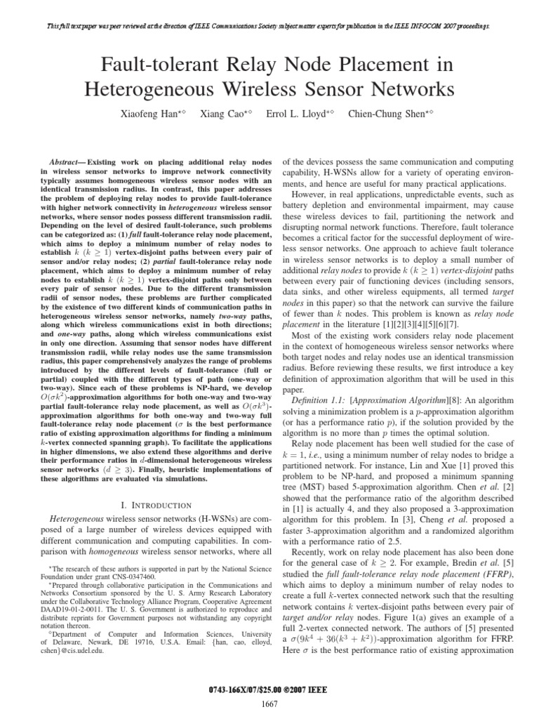 Fault-Tolerant Relay Node Placement in Heterogeneous Wireless Sensor Networks | Download Free ...