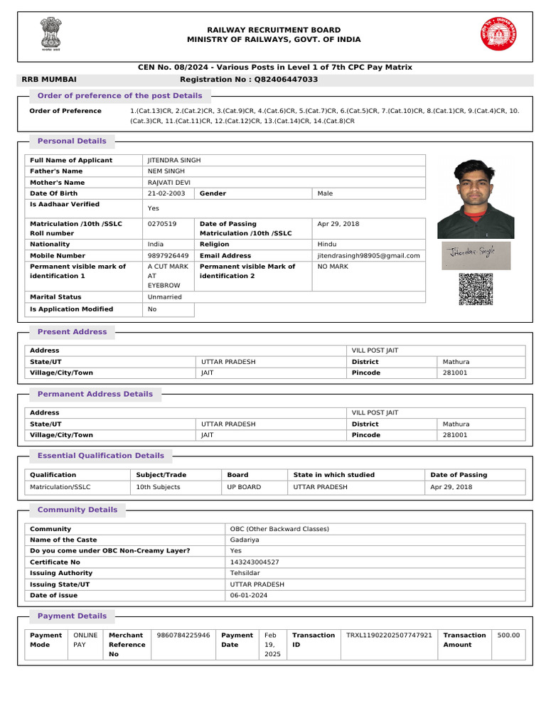 Order of Preference of The Post Details: Railway Recruitment Board ...