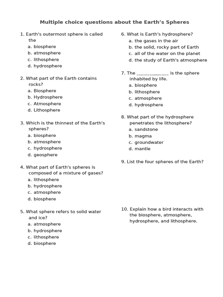 Earth’s Spheres: Quiz Questions | PDF | Earth Sciences | Terrestrial ...