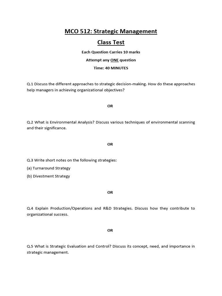 Strategic Management Class Test Questions | PDF