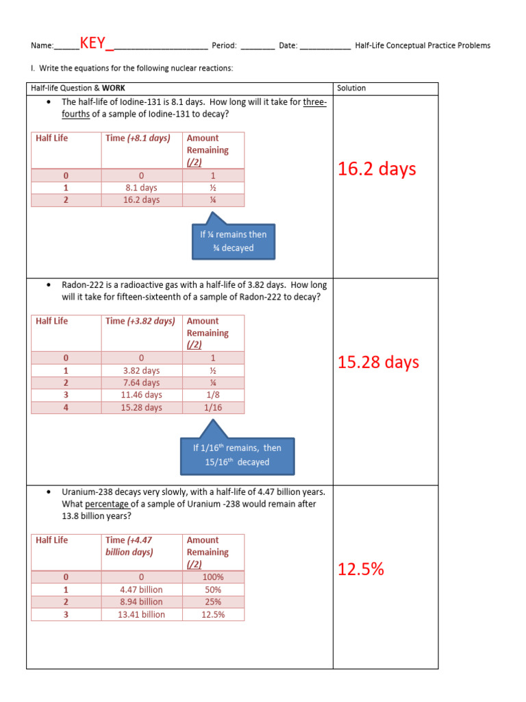 Half-Life Practice Problems and Solutions | PDF | Radioactive Decay ...