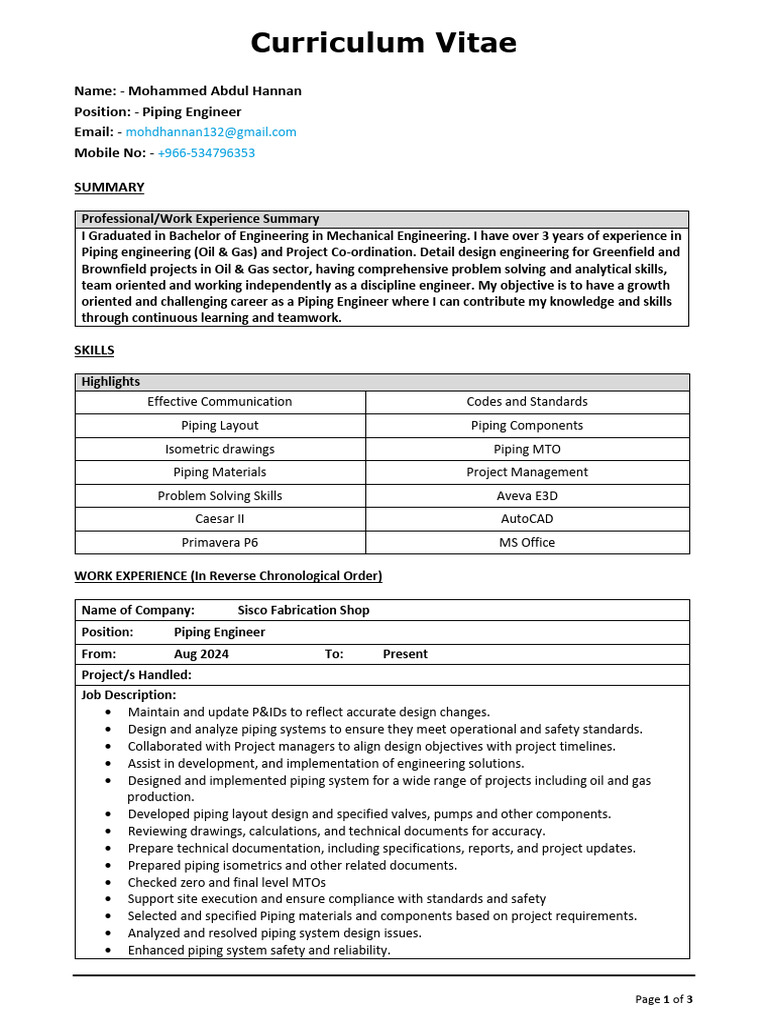 Mohammed Abdul Hannan Piping Engineer CV | PDF | Specification ...