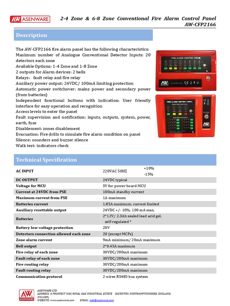 AW-CFP2166 2-4 Zone & 6-8 Zone (Zone Wise-U) Conventional Fire Alarm Control Panel Datasheet ...