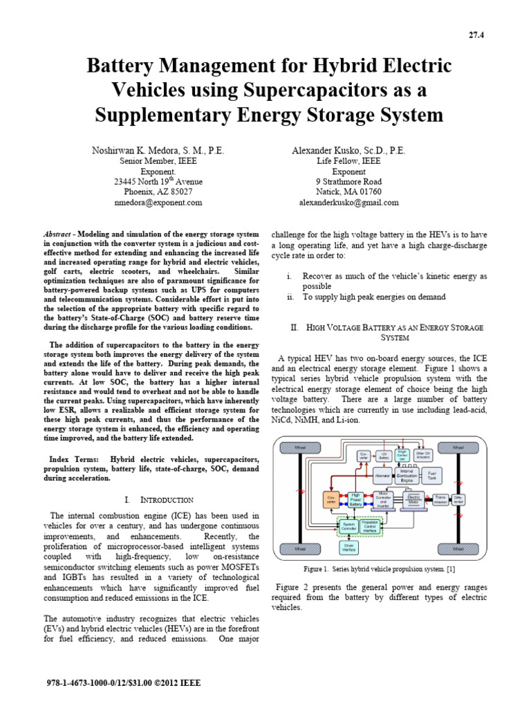 Battery Management For Hybrid Electric Vehicles Using Supercapacitors As A Supplementary Energy ...