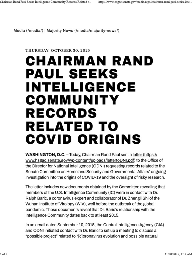 Chairman Rand Paul Seeks Intelligence Community Records Related To ...