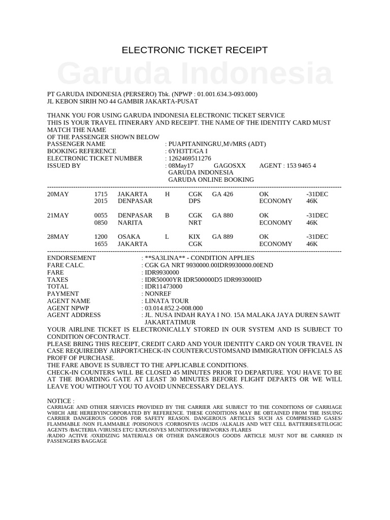 Electronic Ticket Receipt | PDF | Legal Liability | Dangerous Goods