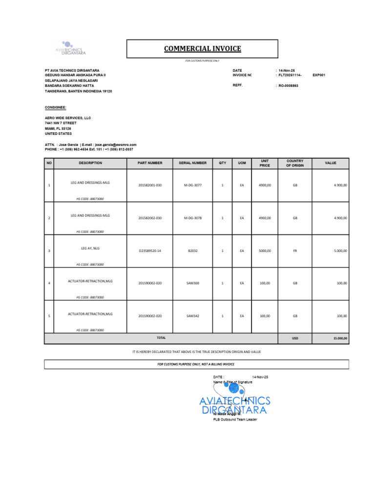 CIPL FLT20251114-EXP001 TO AERO WIDE LLC US REF RO-0008863 | PDF
