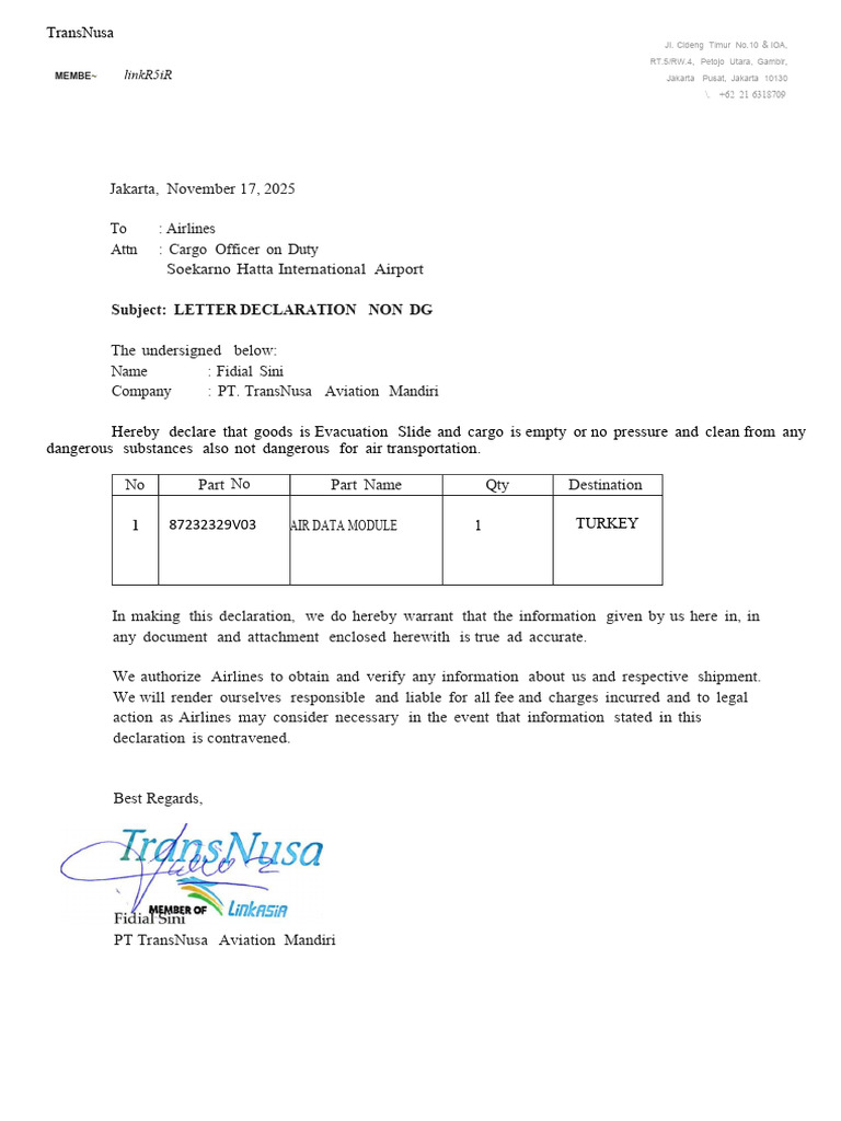 Non-DG Declaration for Air Cargo Shipment | PDF