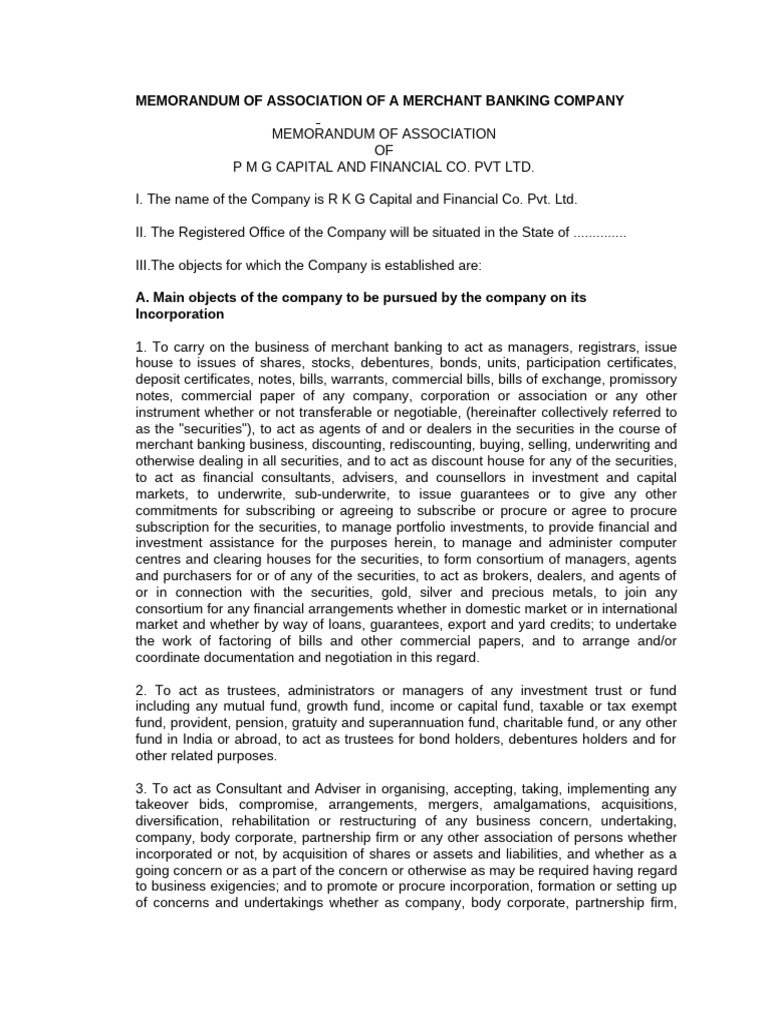 Memorandum of Association of A Merchant Banking Company | PDF ...