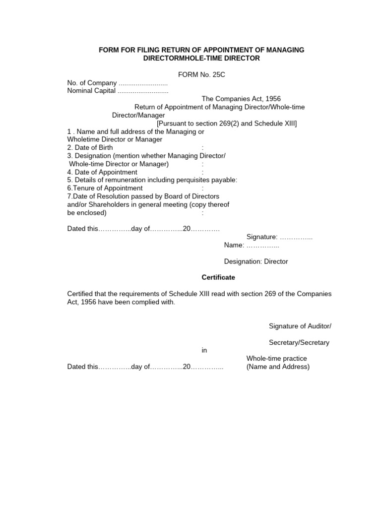 Form For Filing Return of Appointment of Managing Directormhole-Time ...