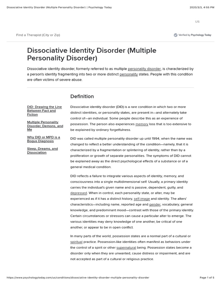 Dissociative Identity Disorder (Multiple Personality Disorder ...