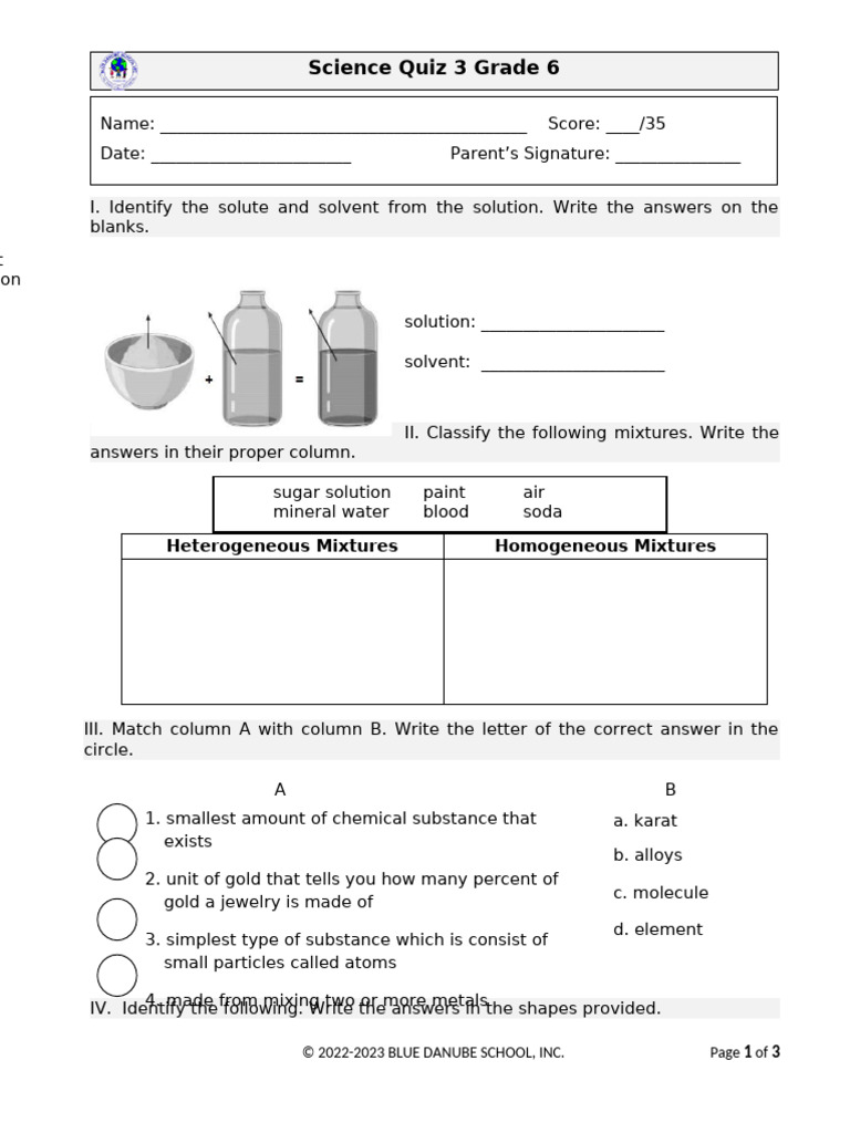Science Quiz 3 Grade 6 | PDF | Mixture | Chemical Substances