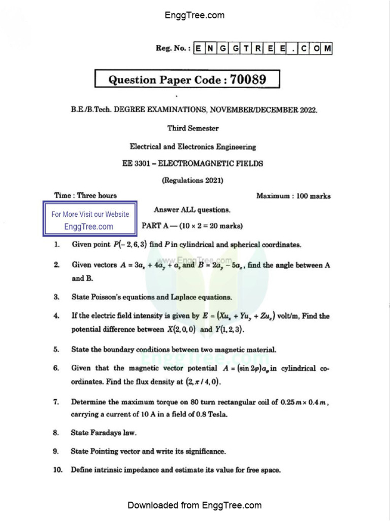 EE3301 Electromagnetic Fields Nov Dec 2022 Question Paper Download | PDF