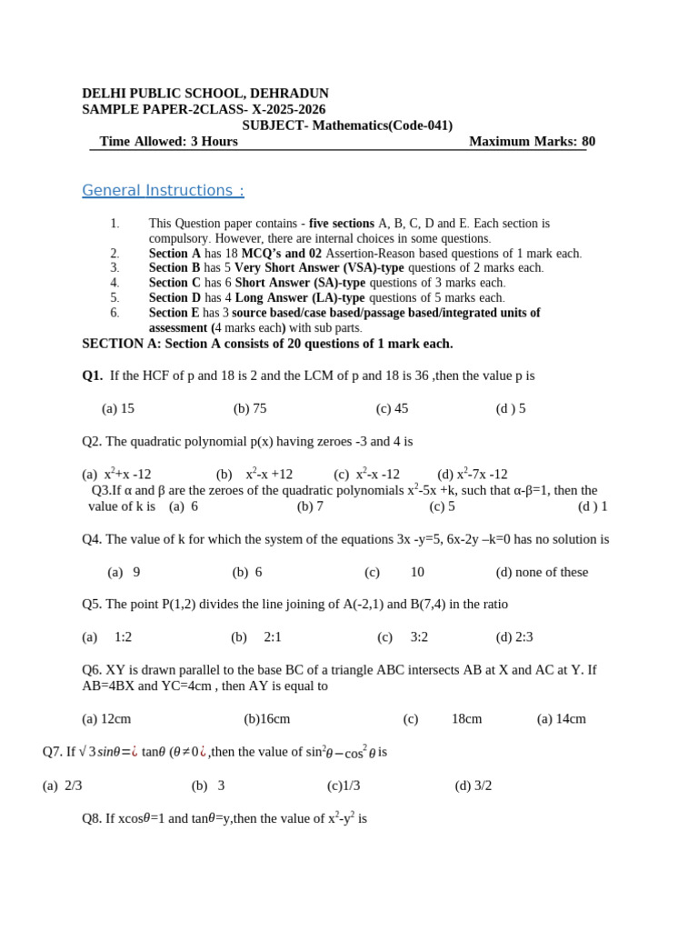 Class X Mathematics Sample Paper 2025-26 | PDF | Sphere | Circle