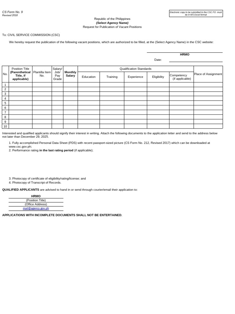 CS Form No. 9 Request for Publication of Vacant Positions With ...