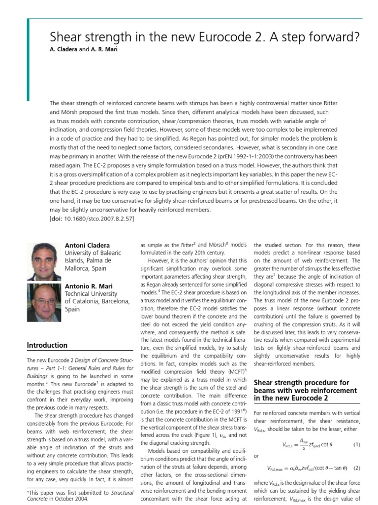 Shear Strength in The New Eurocode 2. A Step Forward | PDF | Strength ...